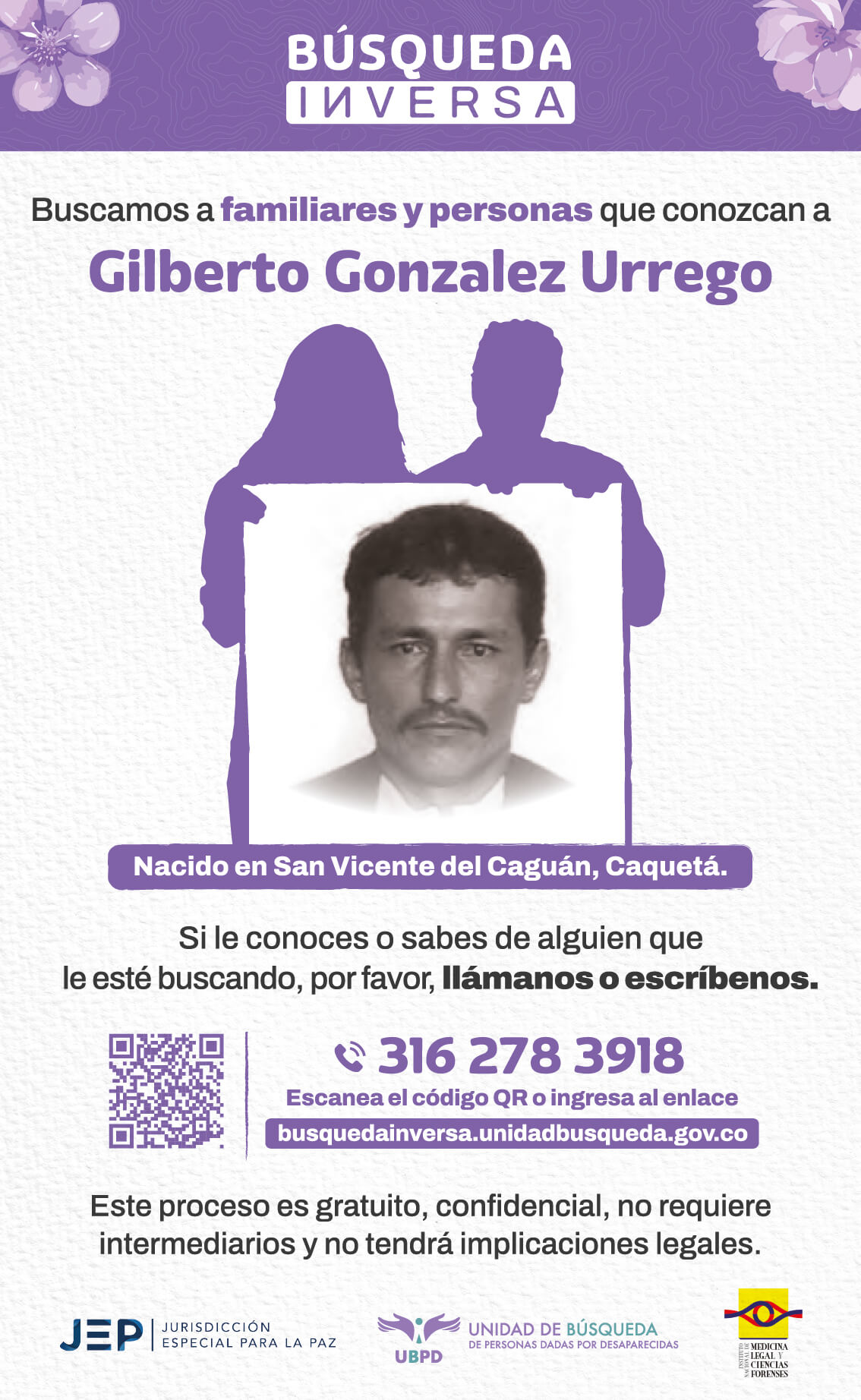 La Unidad de Búsqueda en Caquetá busca a la familia de Gilberto González Urrego para avanzar en ...